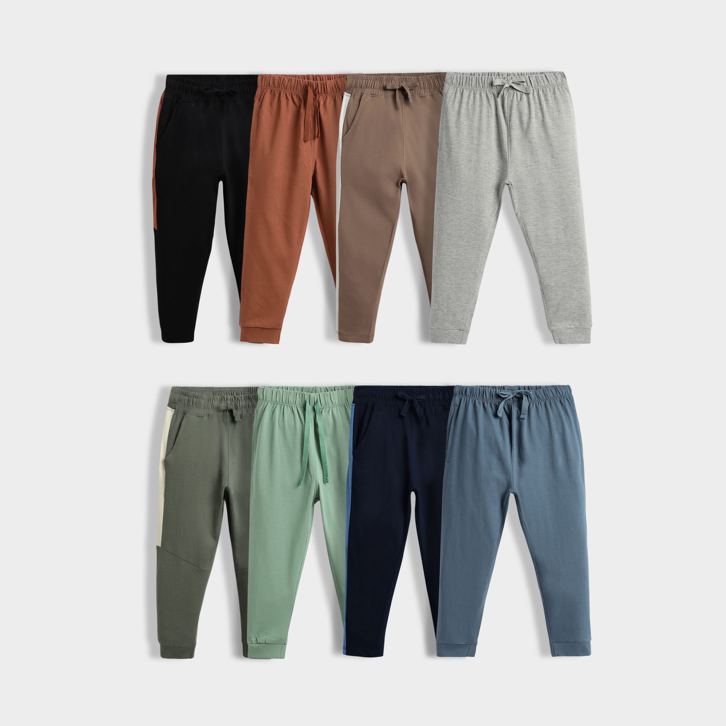 8 Pcs Cotton Joggers | Colour Block Black, Biscuit, Blue & Olive, Brow ...